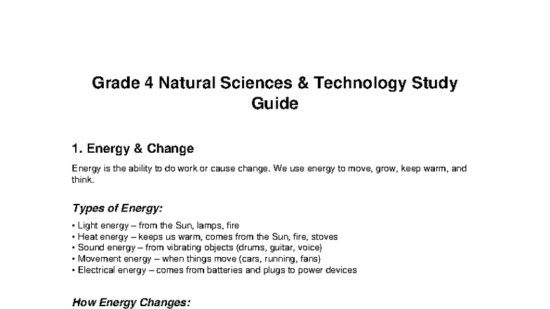 Grade 4 NST Study Guide: Energy Changes & Planet Earth - Studocu