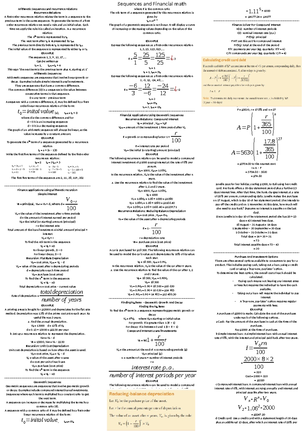 MATH 101: Detailed Summary of Sequences & Finance Concepts - Studocu