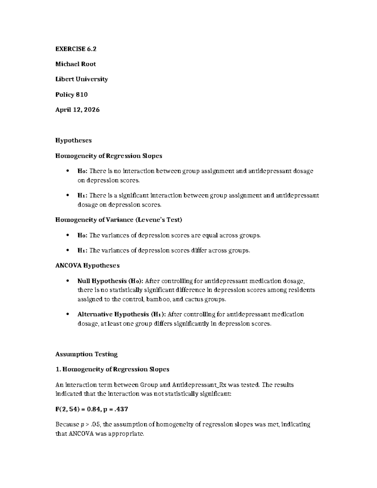 Exercise 6: ANCOVA Hypotheses and Results on Depression Scores - Studocu