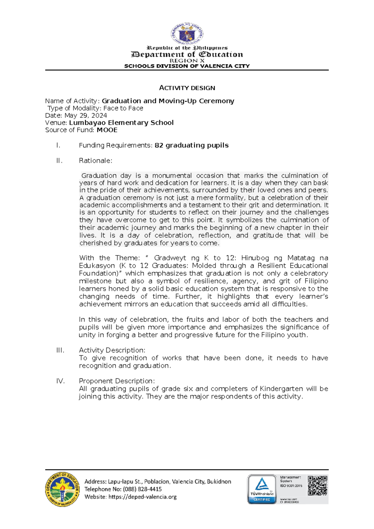 Activity Design: Graduation Ceremony for K to 12 Students - Studocu