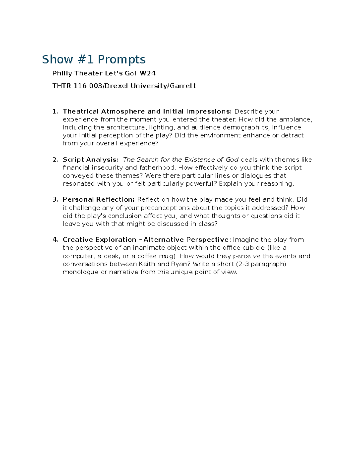 THTR 116 003 - Show #1 Prompts and Reflections on Theater Experience ...