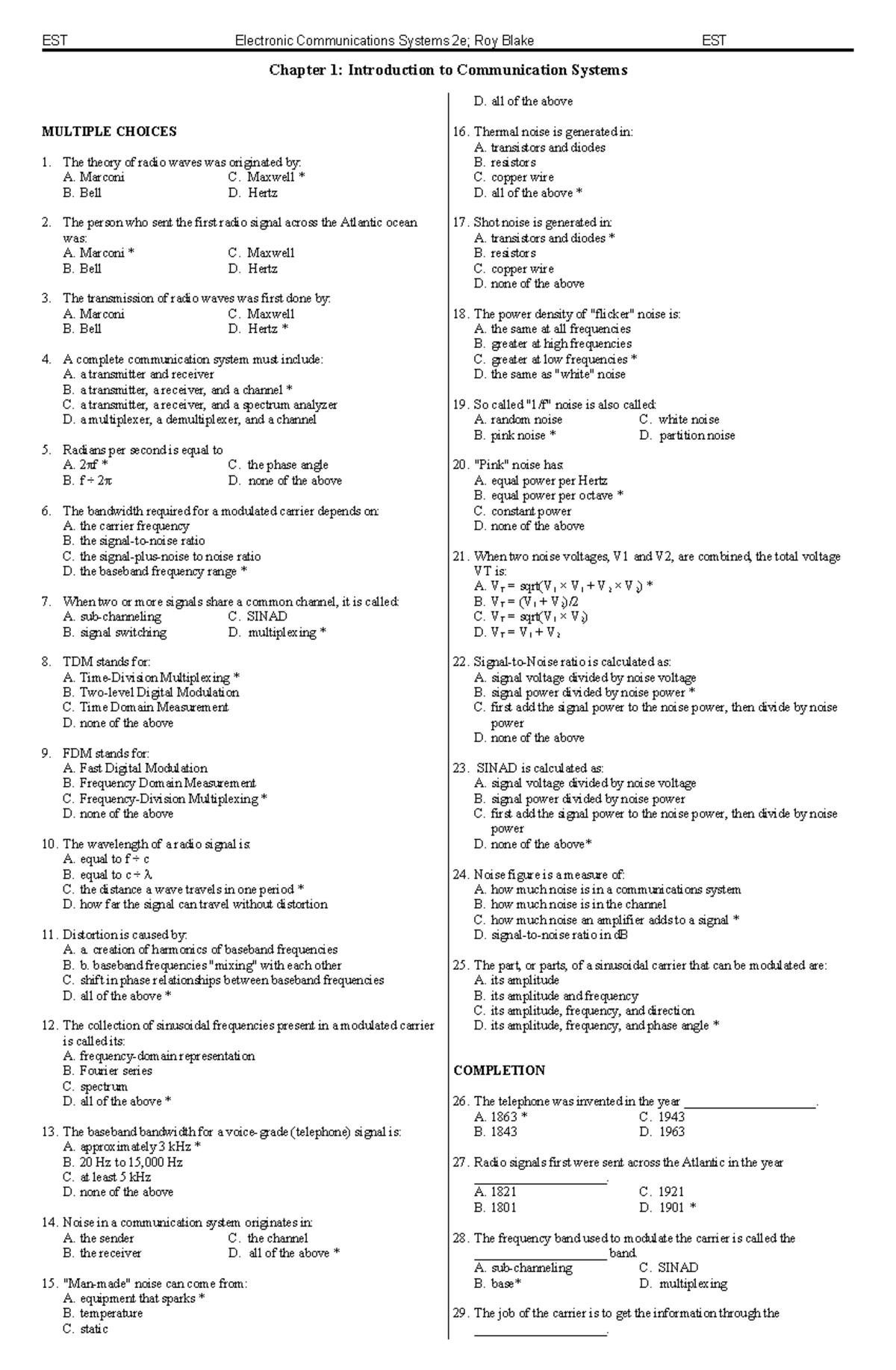 Blake MCQs Updated - Electronics Communication System - Chapter 1: Introduction to Communication ...