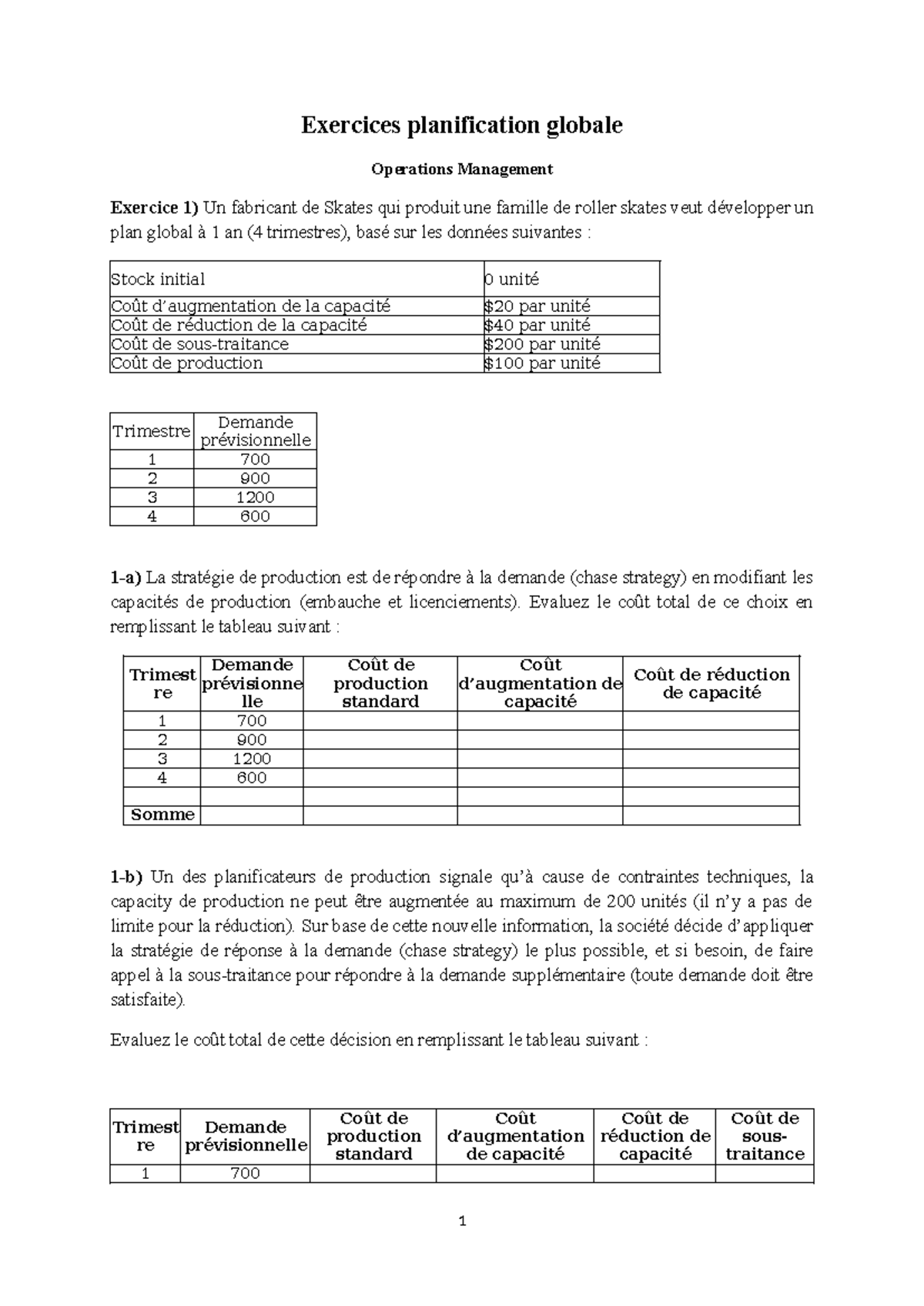 Exercise Class 6 FR - Exercices planification globale Operations Management Exercice 1) Un ...