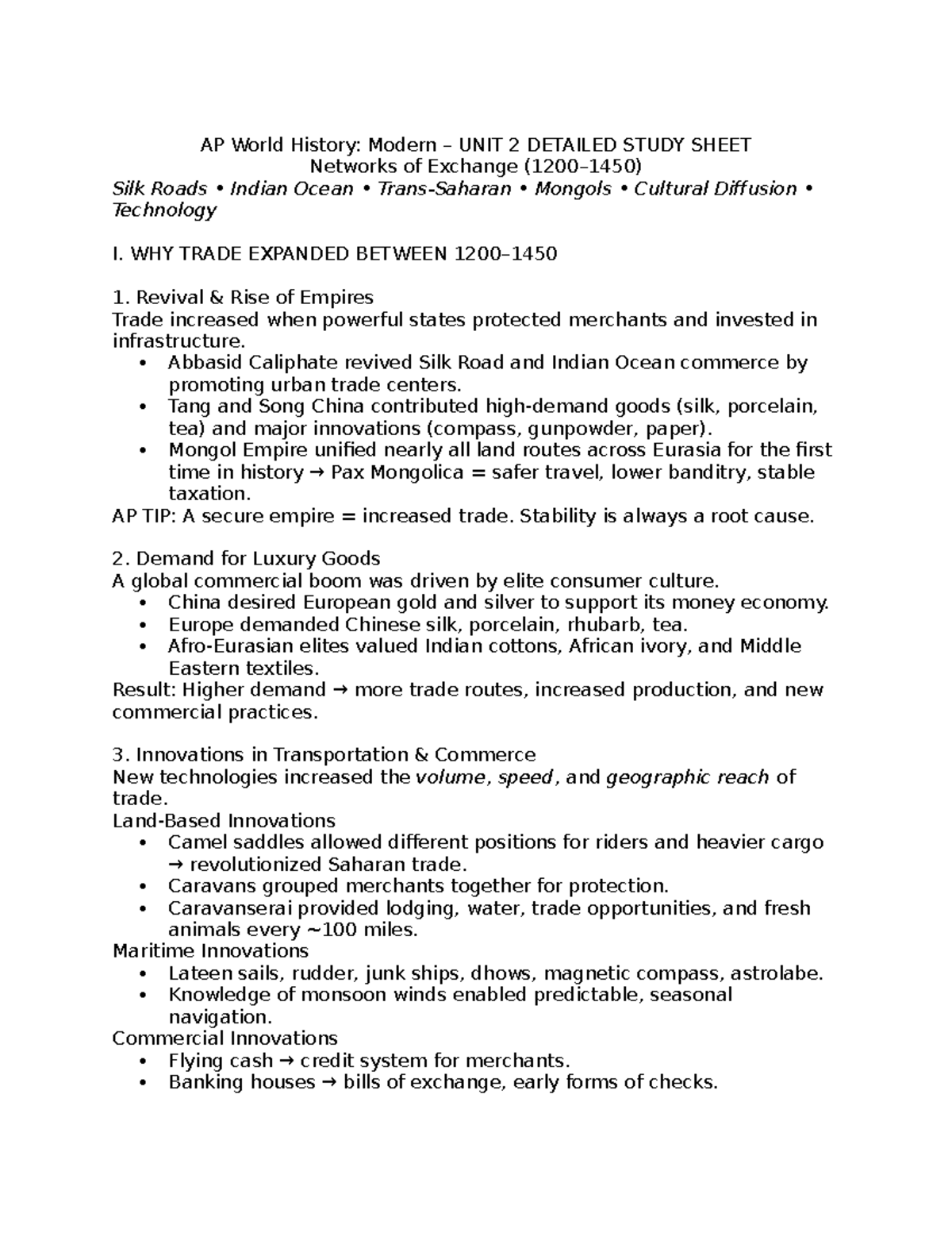 APWH Unit 2 Study Sheet: Networks of Exchange & Cultural Diffusion ...