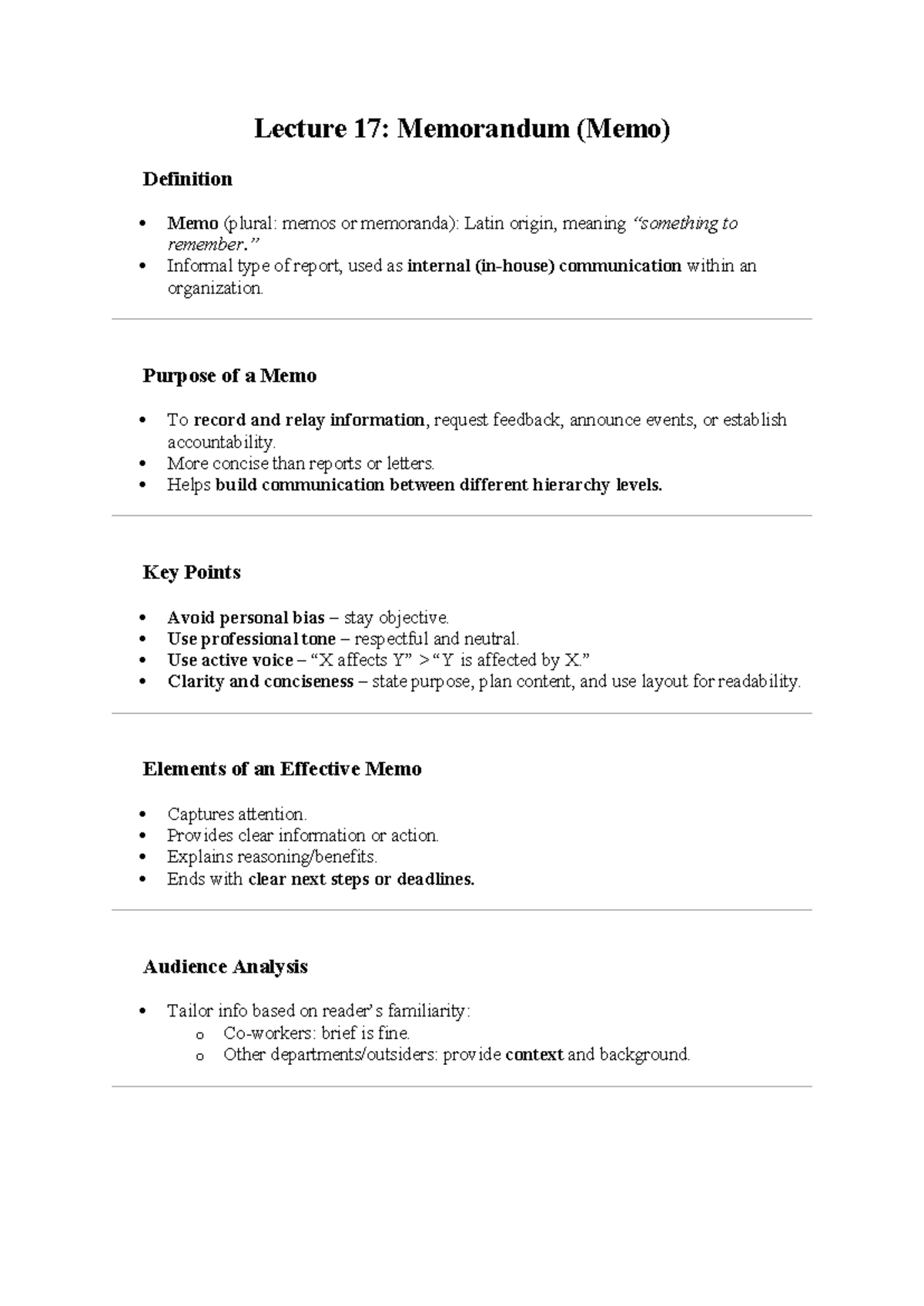 Lecture 17-31: Effective Memo and Email Writing Techniques - Studocu