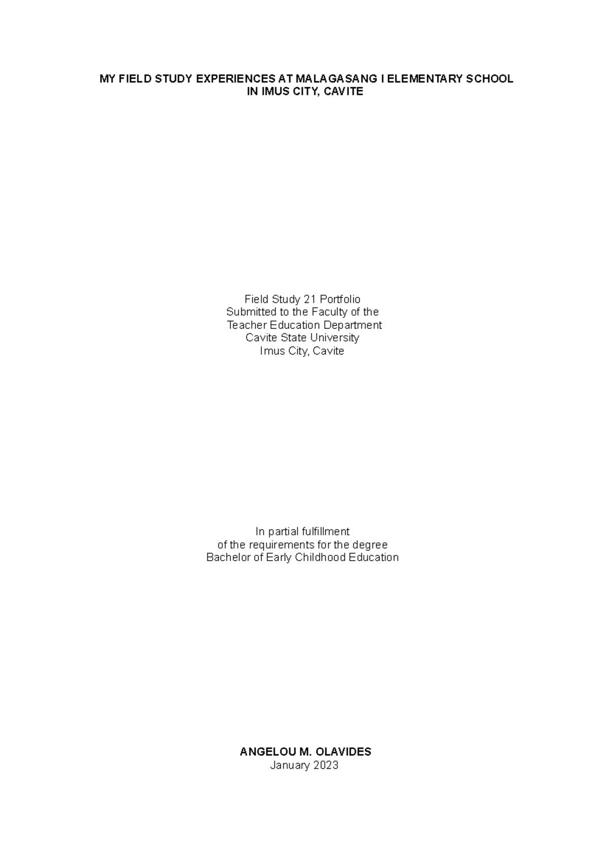 FS1 Field Study Portfolio: Experiences at Malagasang I Elementary - Studocu