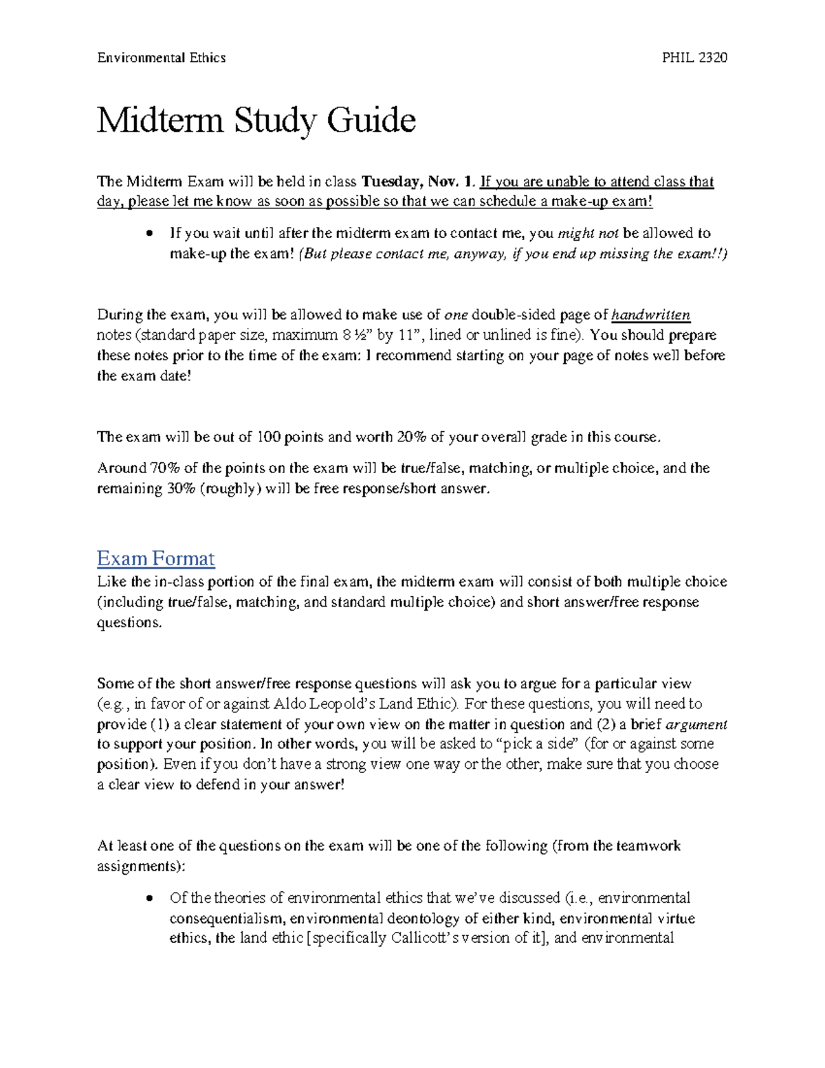 Midterm Study Guide - ENV 101 Ethical Perspectives on Nature - Studocu