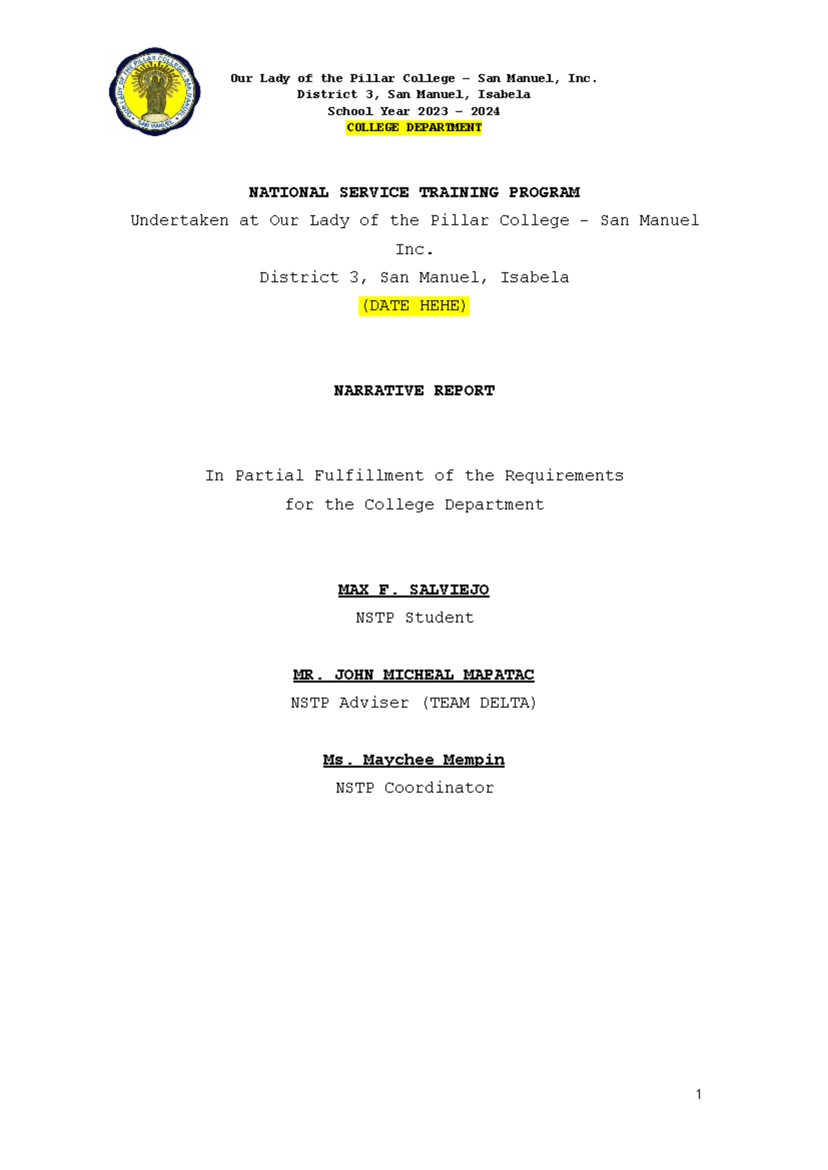 NSTP Narrative Report: Our Lady of the Pillar College 2023-2024 - Studocu