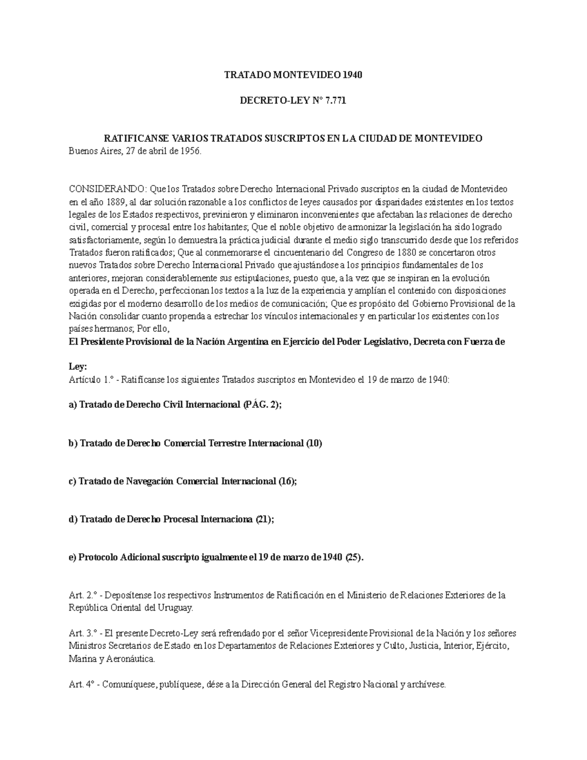 TRATADO MONTEVIDEO Nº 7.771: RATIFICACIÓN DE TRATADOS INTERNACIONALES ...