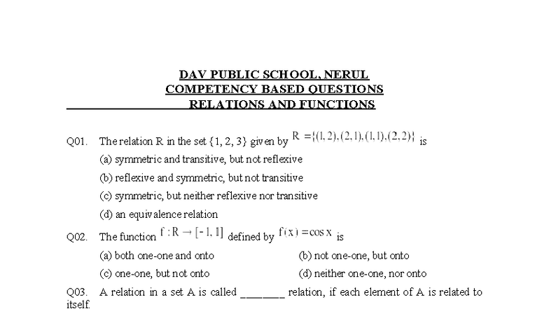 DAV PUBLIC SCHOOL, NERUL COMPETENCY BASED QUESTIONS ON RELATIONS ...