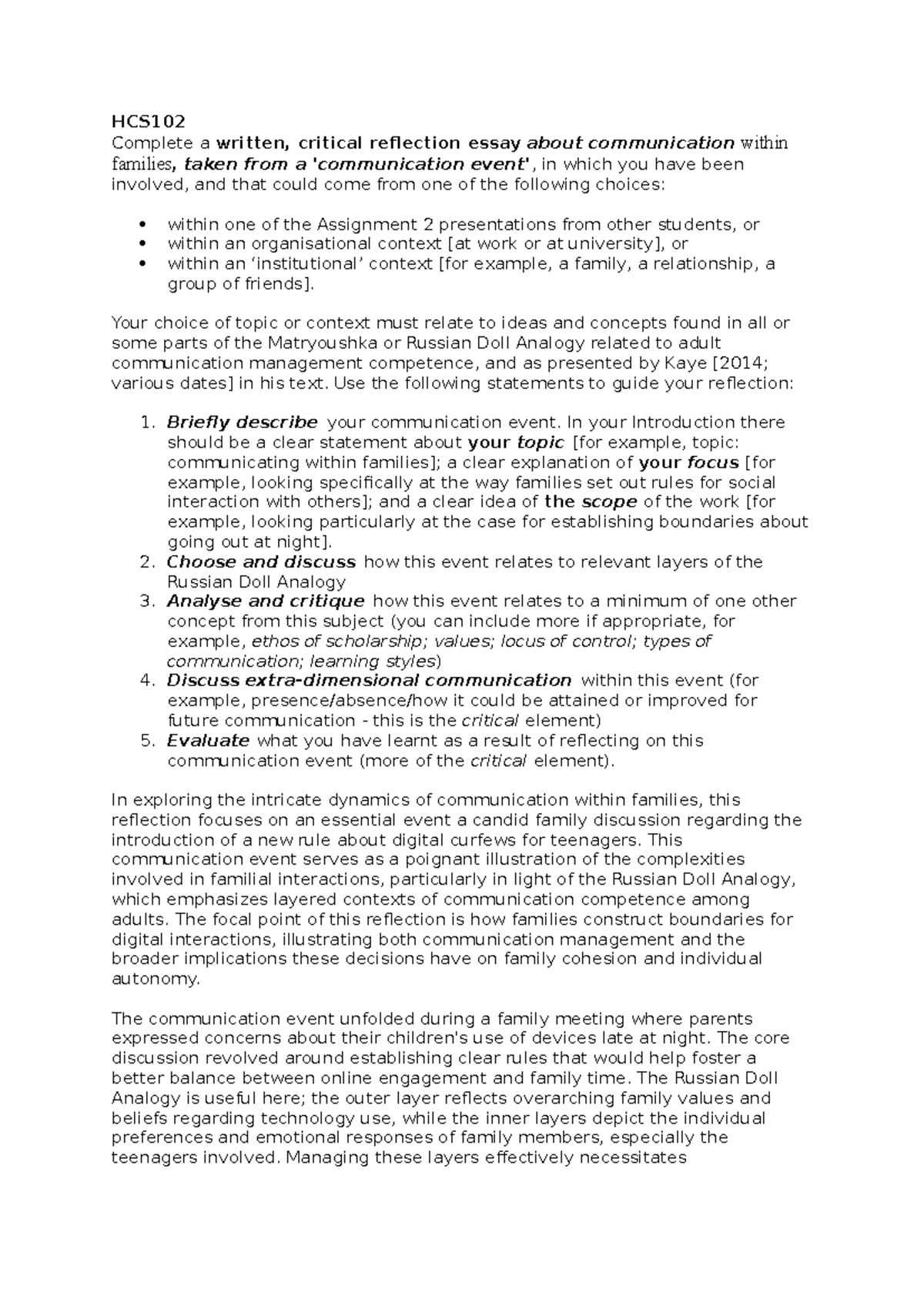 HCS102 Critical Reflection Essay on Family Communication Dynamics - Studocu