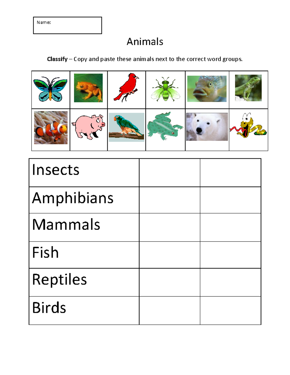 Grade 2 Science Worksheet: Animals Classification Exercise - Studocu