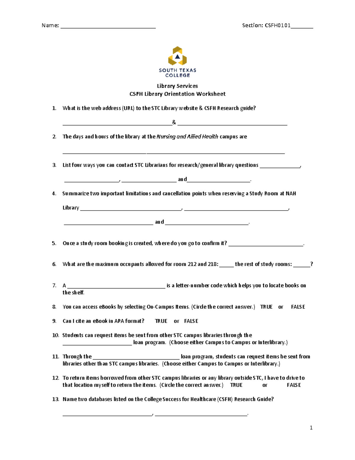 CSFH 0101 Library Orientation Worksheet Guide - Studocu