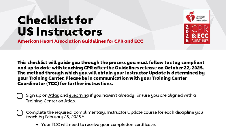 Checklist for US Instructors: 2025 AHA CPR & ECC Guidelines - Studocu