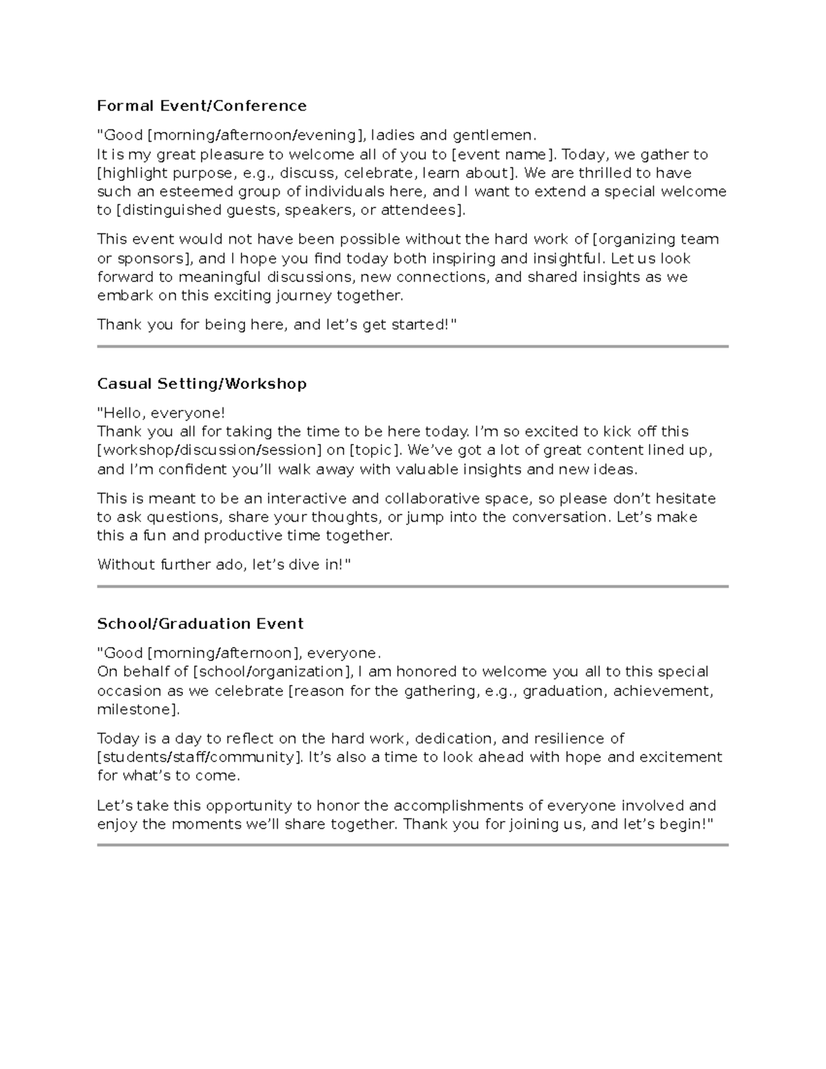 Sample OF Opening Remarks - Formal Event/Conference "Good [morning ...