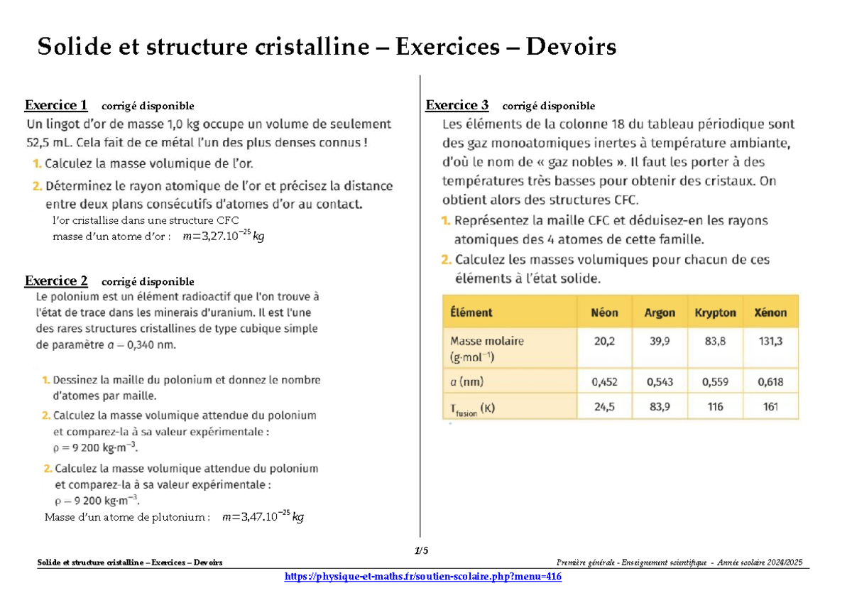 Exercices sur le Solide et la Structure Cristalline - Première générale ...