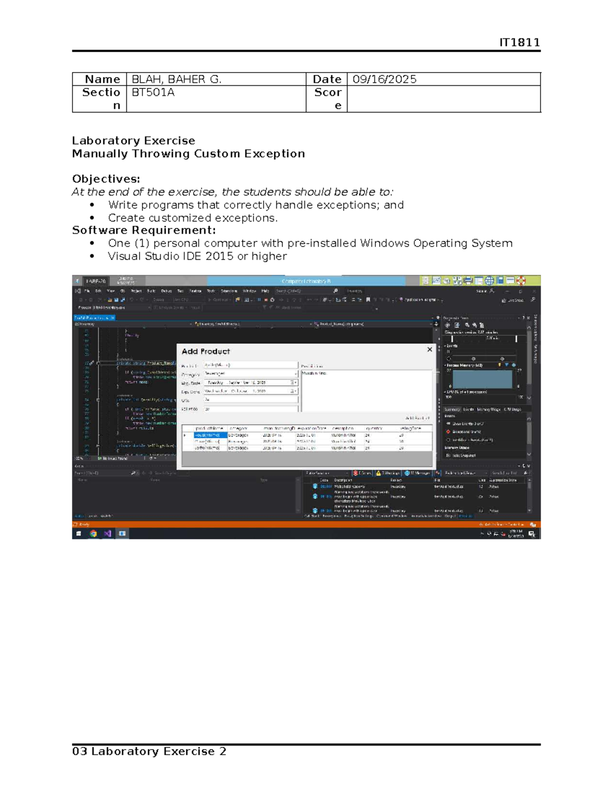 IT1811 03LAB2 Blah Baher - Information Technology - IT Name BLAH, BAHER G. Date 09/16/ Sectio n ...