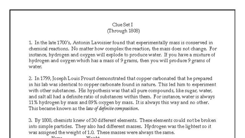 Clue Set I: Key Concepts in Early Chemistry (1-1808) - Studocu