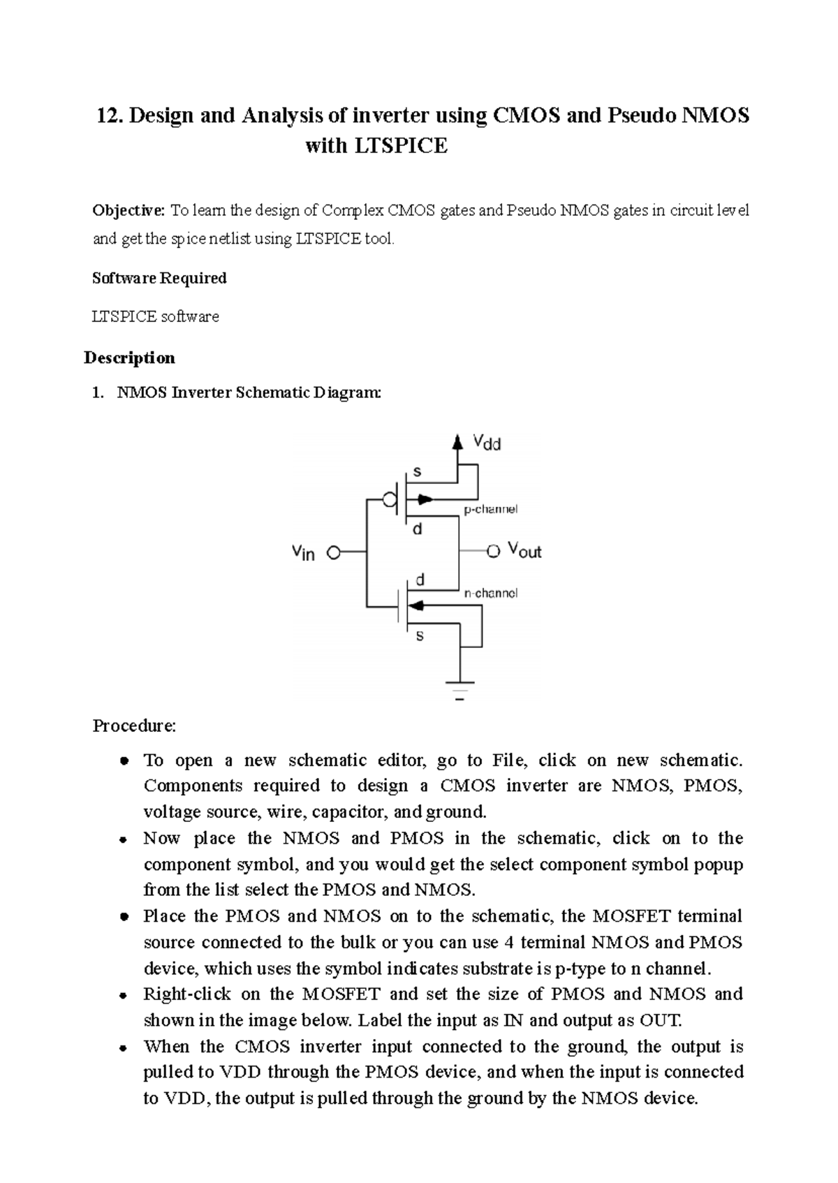 Experiment 12: Design & Analysis of CMOS Inverter in LTSPICE - Studocu