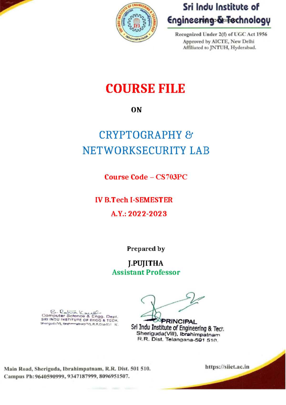 CS703PC: Cryptography and Network Security Lab Course File - Studocu