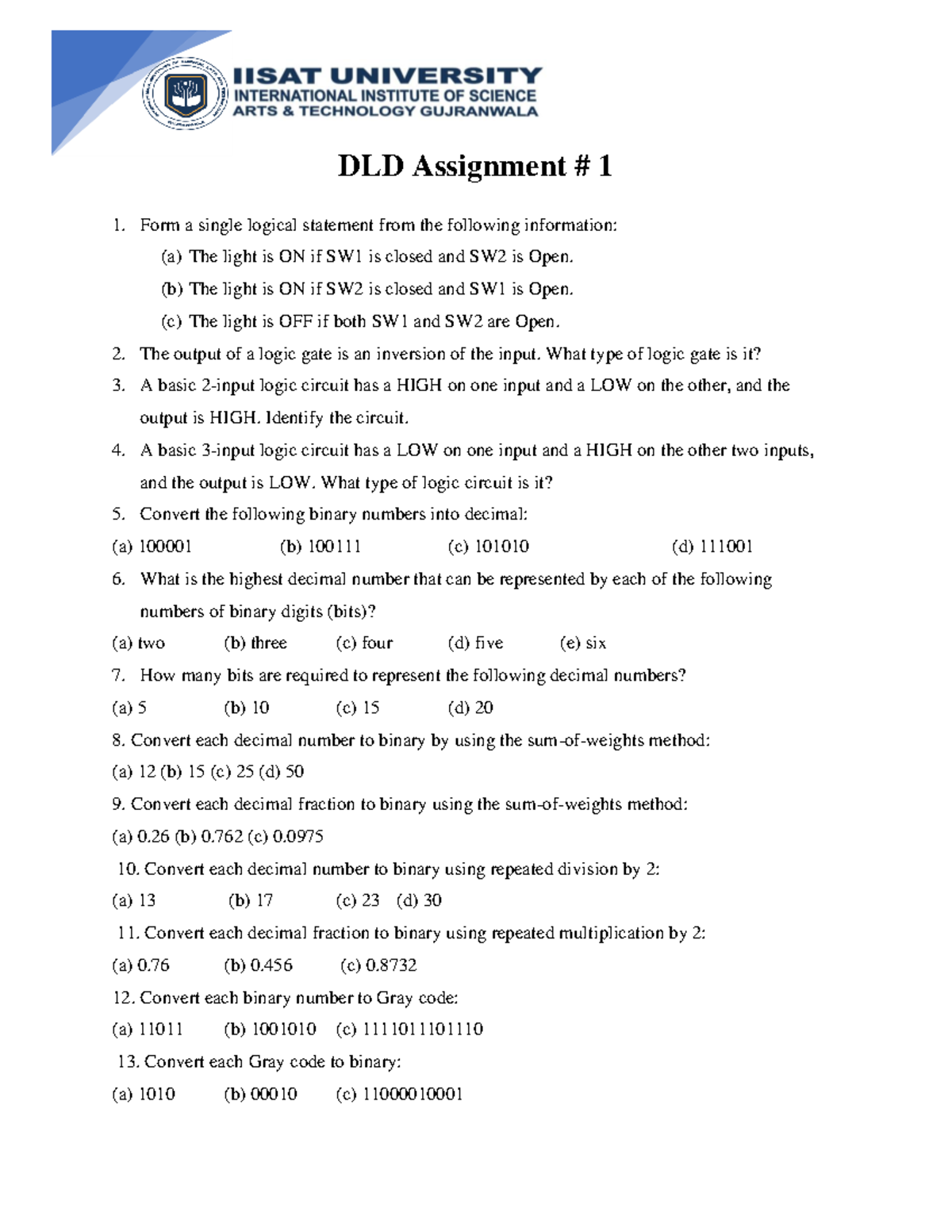 DLD Assignment #1 - (b) The light is ON if SW2 is closed and SW1 is Open. (c) The light is OFF ...