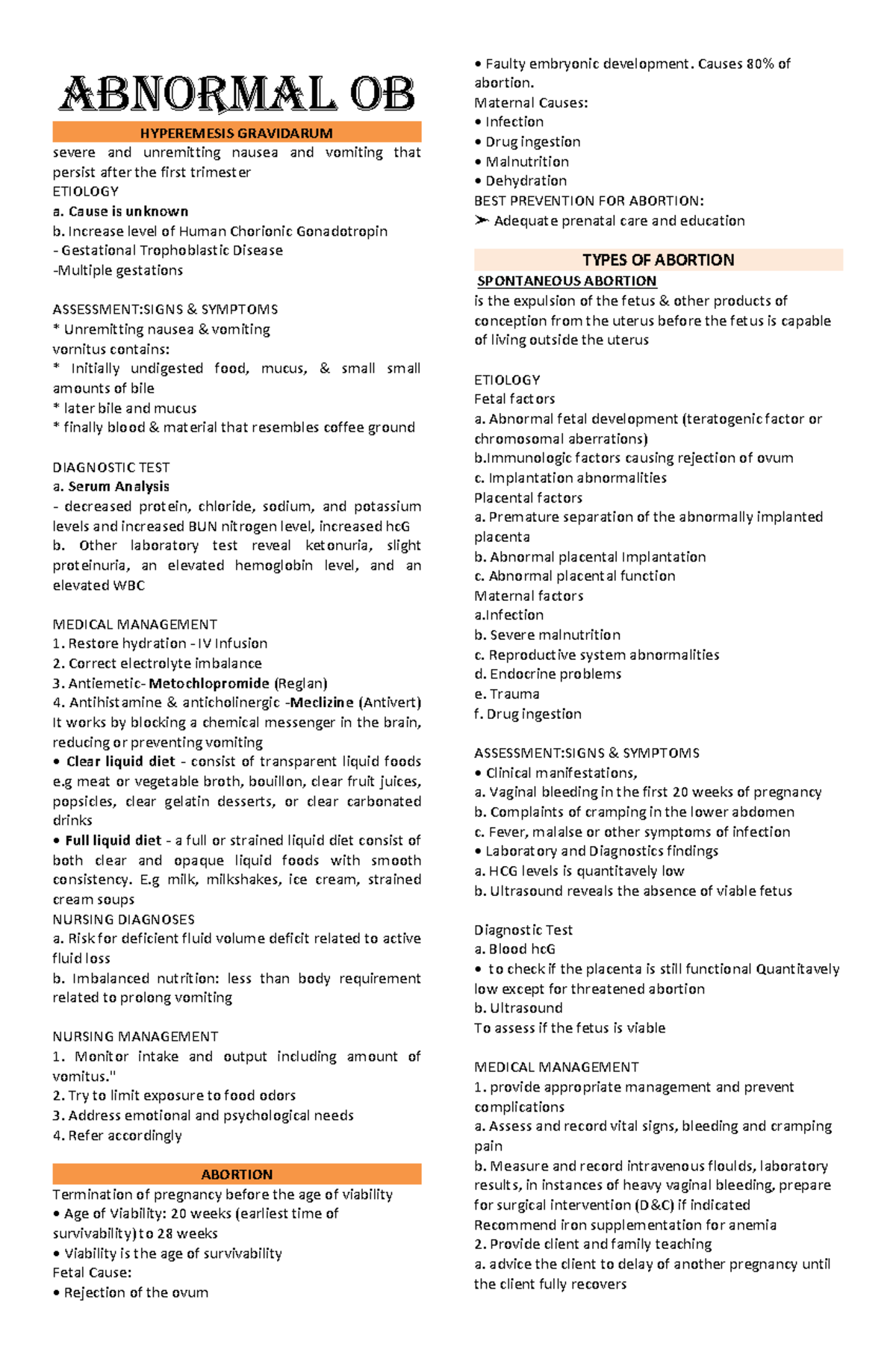 Abnormal OB - ABNORMAL OB HYPEREMESIS GRAVIDARUM severe and unremitting ...