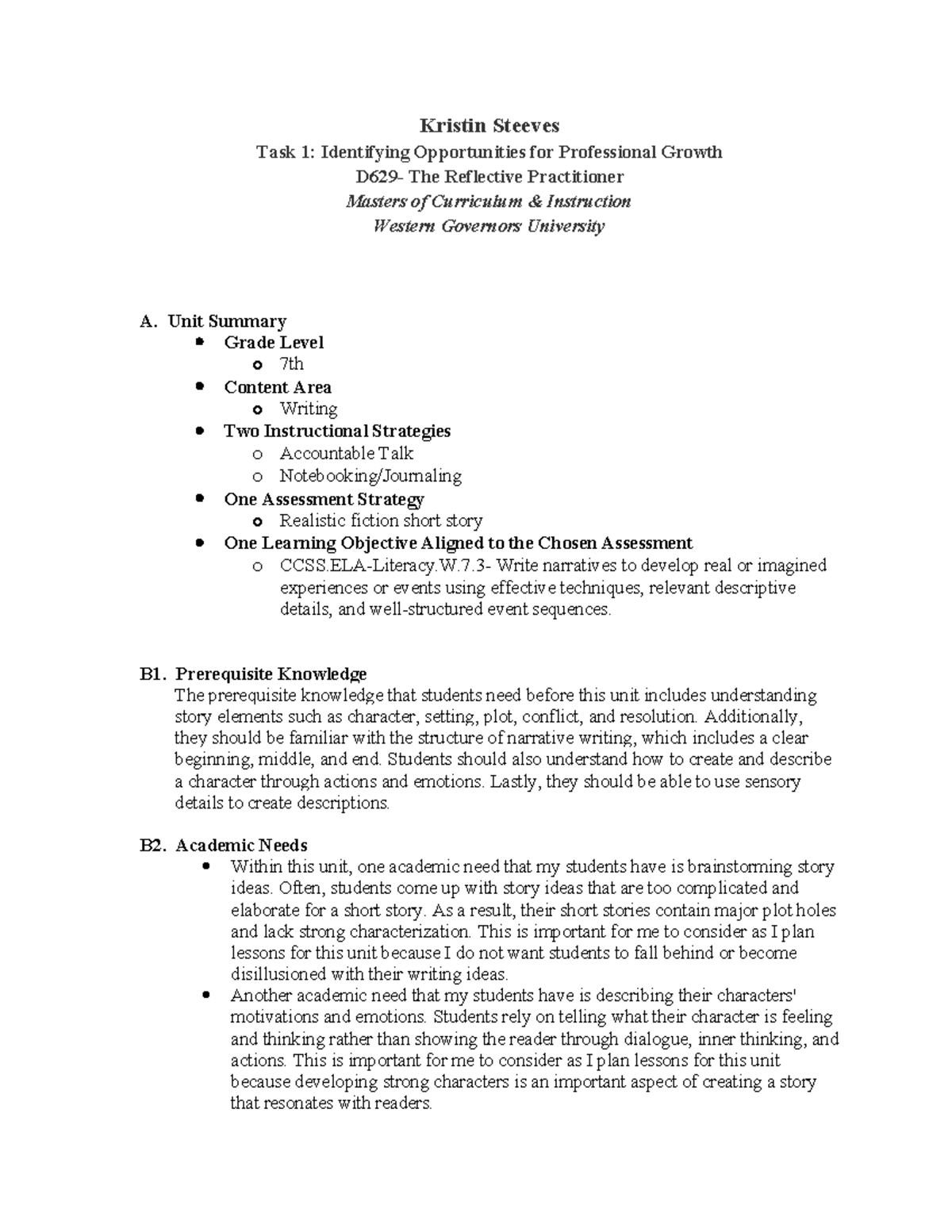 D629- Task 1 - For grade 7 ELA - Kristin Steeves Task 1: Identifying ...