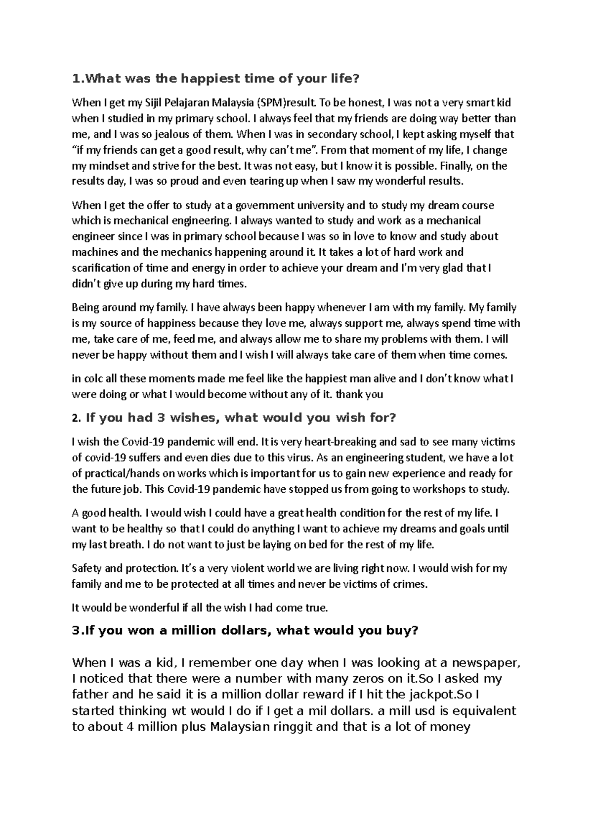 Impromptu Speech-example question and sample anwsers - 1 was the ...