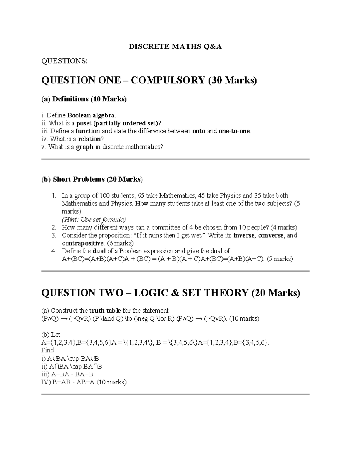 Discrete Maths Q&A: Compulsory Questions & Solutions - Studocu