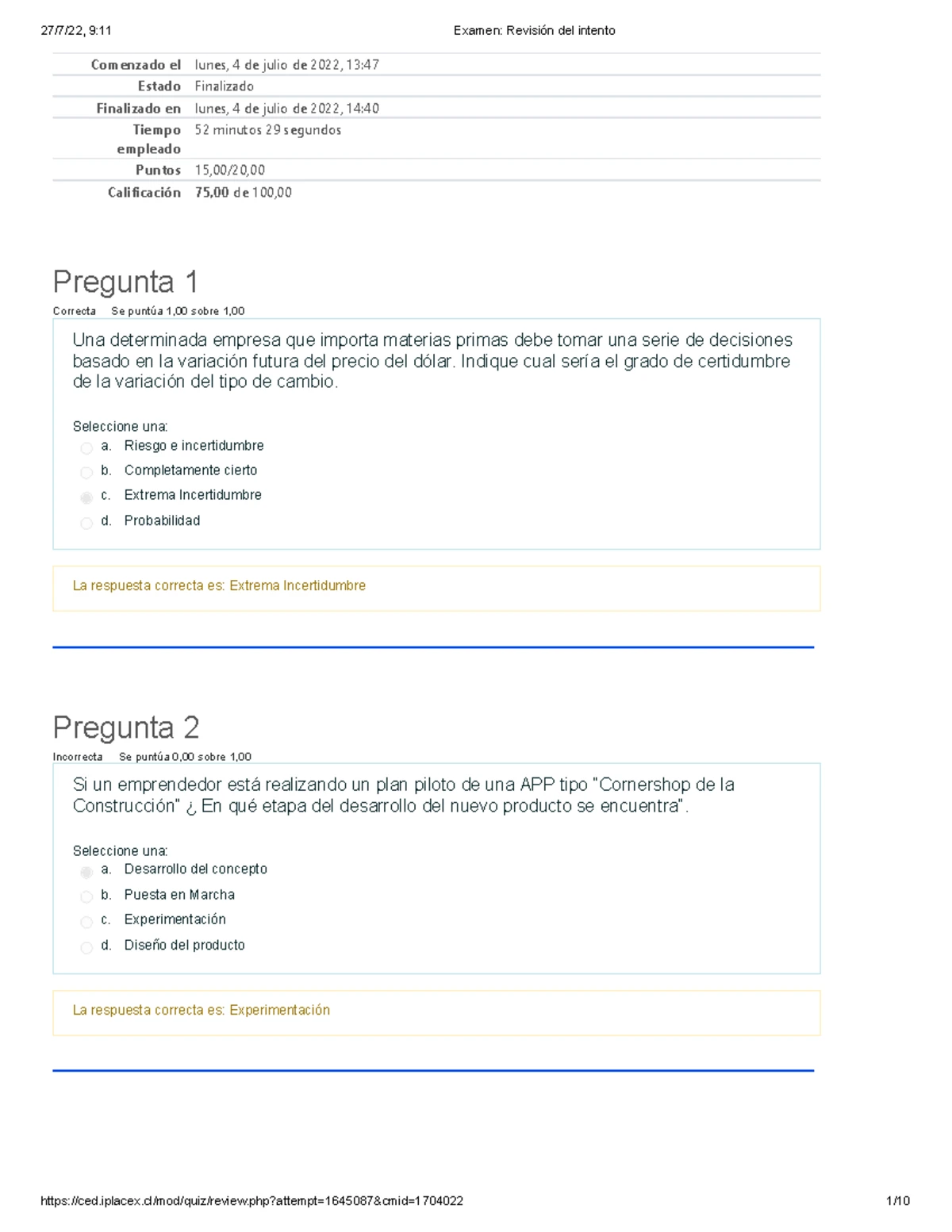 Examen Final de Gestión de Operaciones - Puntos y Respuestas Correctas - Studocu