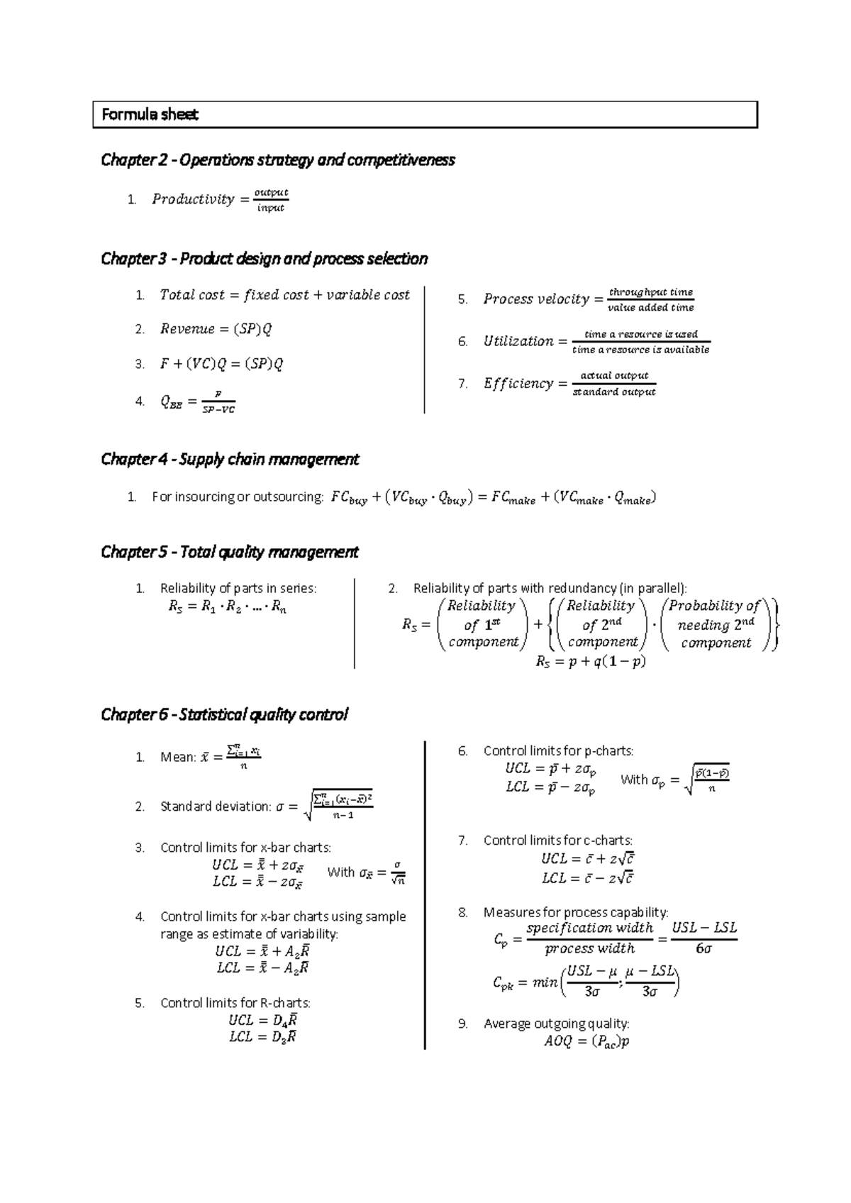 Formula Sheet for Operations Strategy & Competitiveness (GSG) - Studocu