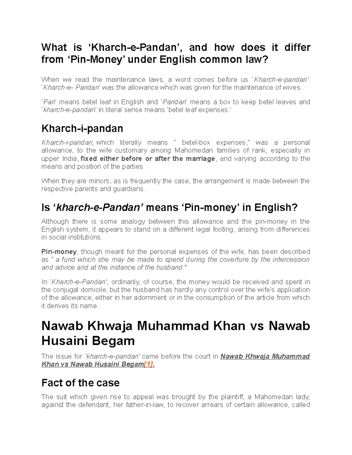1 Kharch-e-Pandan vs Pin Money: Legal Perspectives Explained - Studocu