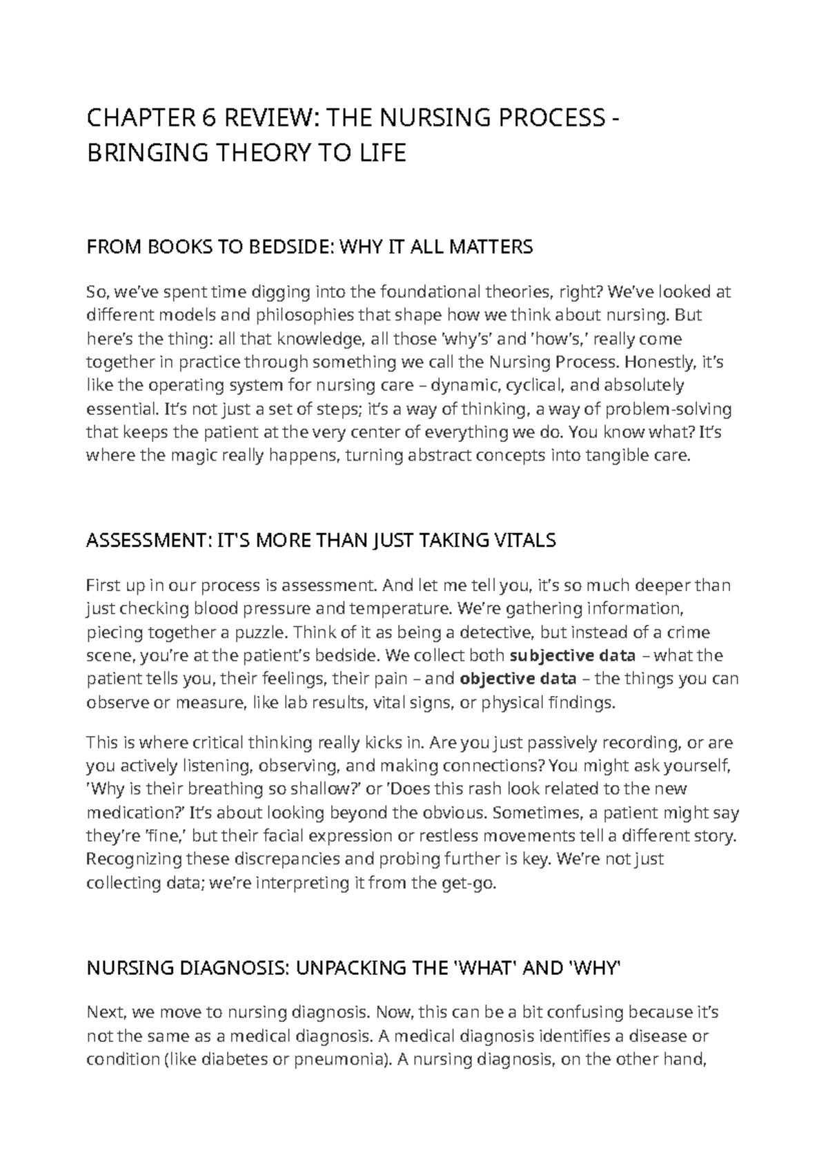 NURSING 101: CHAPTER 6 REVIEW ON THE NURSING PROCESS - Studocu