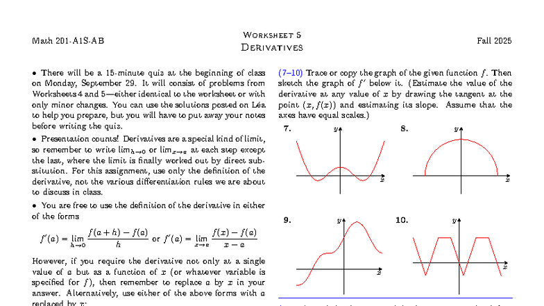 Math 101 Worksheet 5: Derivatives Practice Problems for Quiz - Studocu