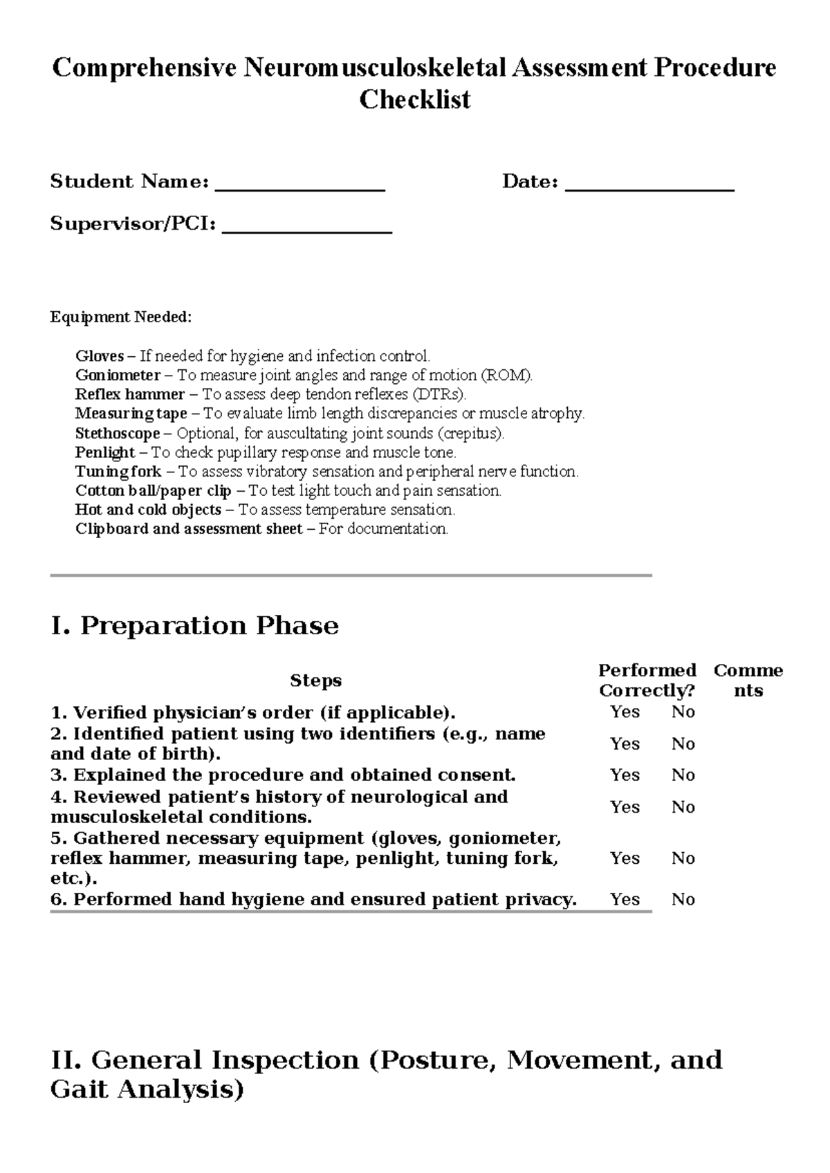 Checklist for Comprehensive Neuromusculoskeletal Assessment (CNA 101 ...