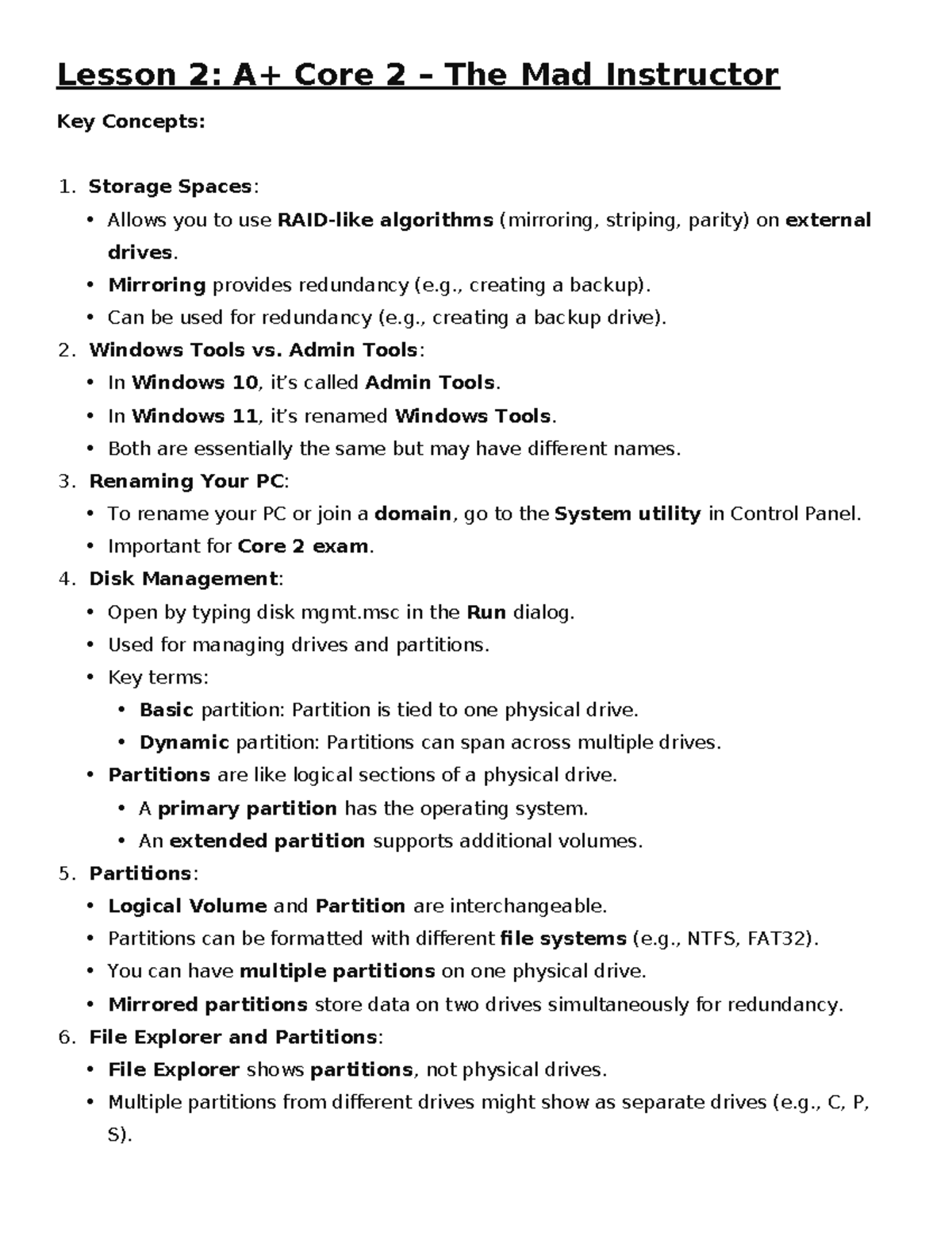 Lesson 2-3 A+ Core 2 - Notes from The Mad Instructor A+ Core 2 - Lesson ...