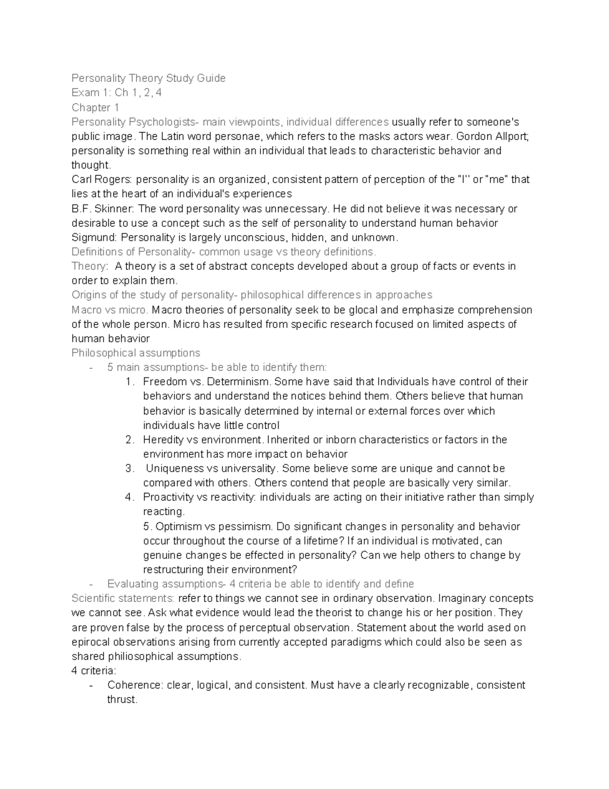 Personality Theory Study Guide: Key Concepts for Exam 1 (Ch 1, 2, 4 ...