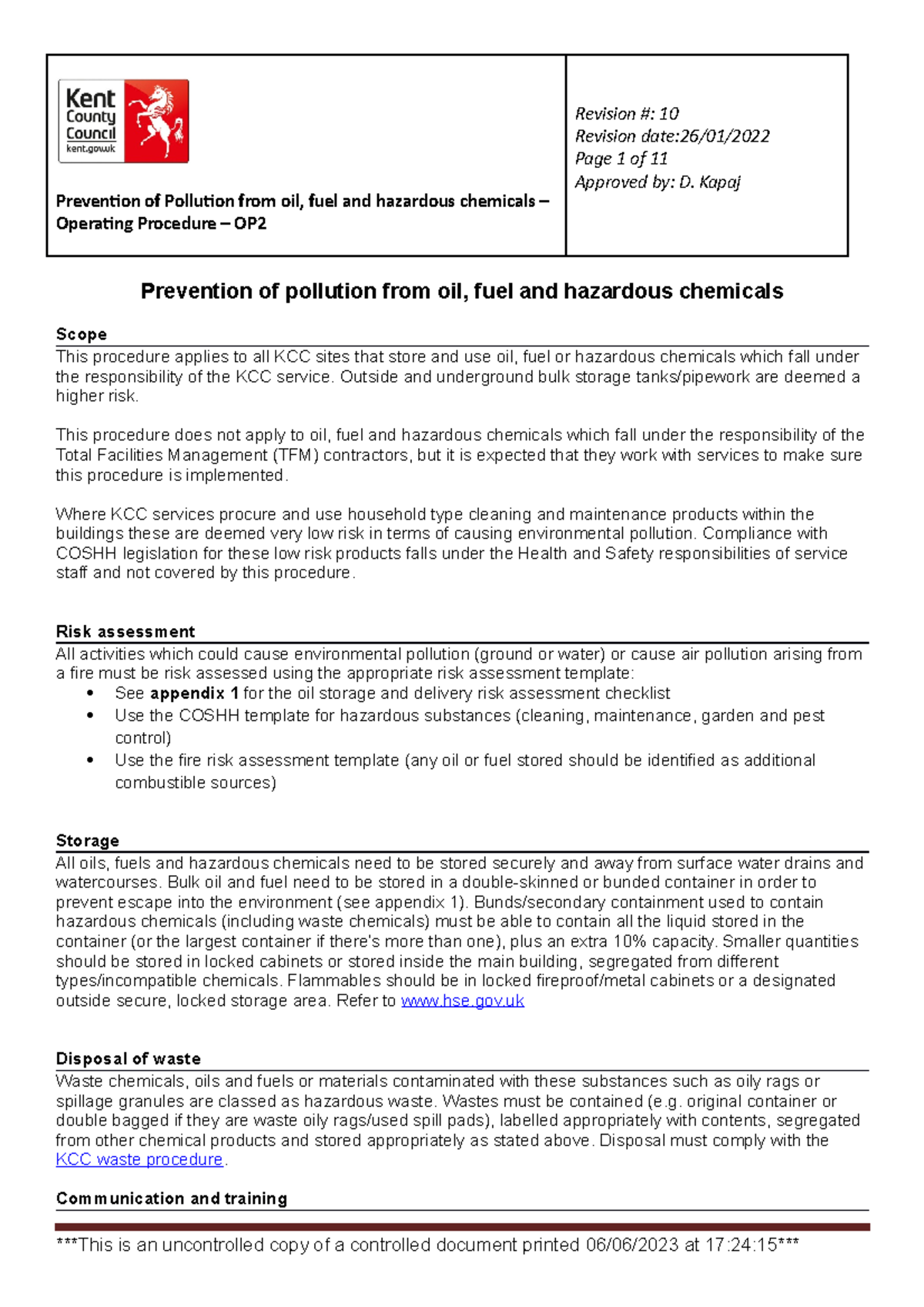 KCC OP: Oil Storage & Delivery Pollution Prevention Checklist - Studocu