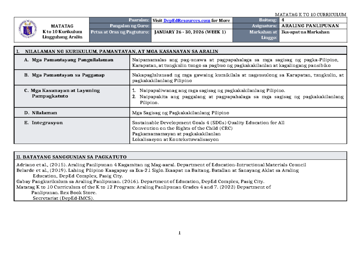 DTC DLL Matatag K to 10 Araling Panlipunan 4 Q4 Week 1 - Studocu