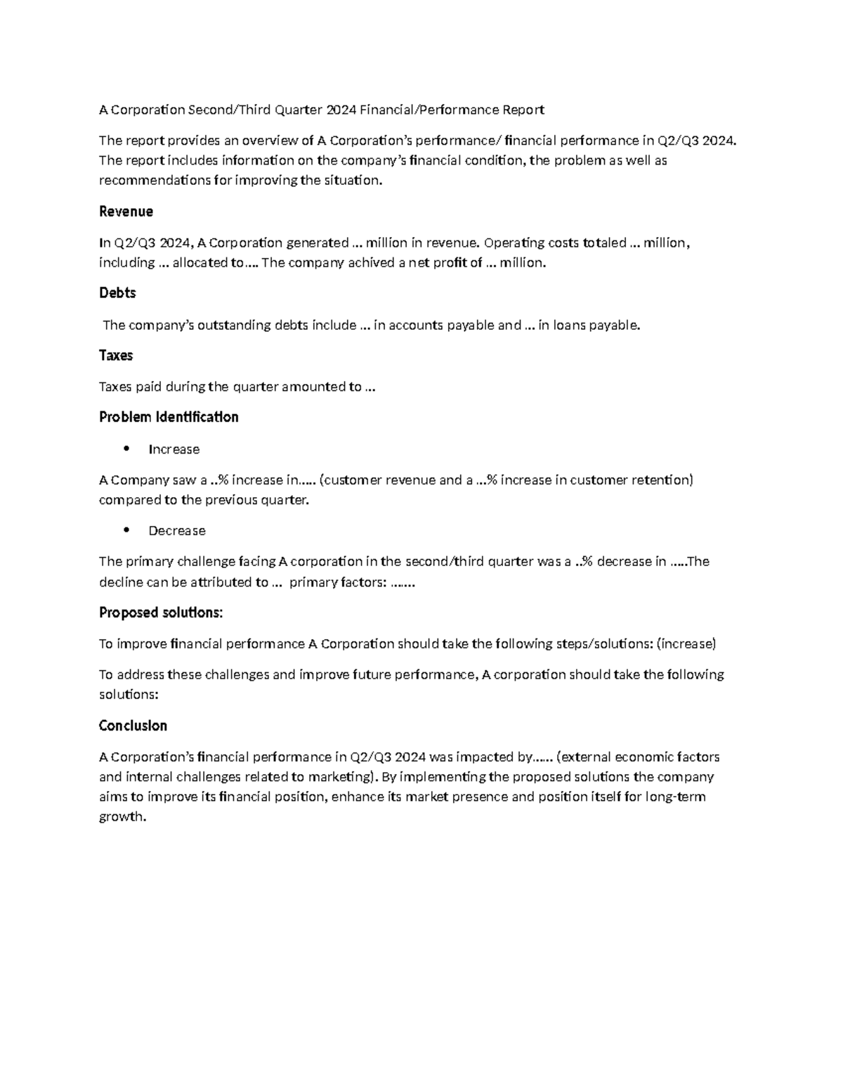 COB2 Writing - A Corp Q1 2024 Financial & Marketing Report - Studocu