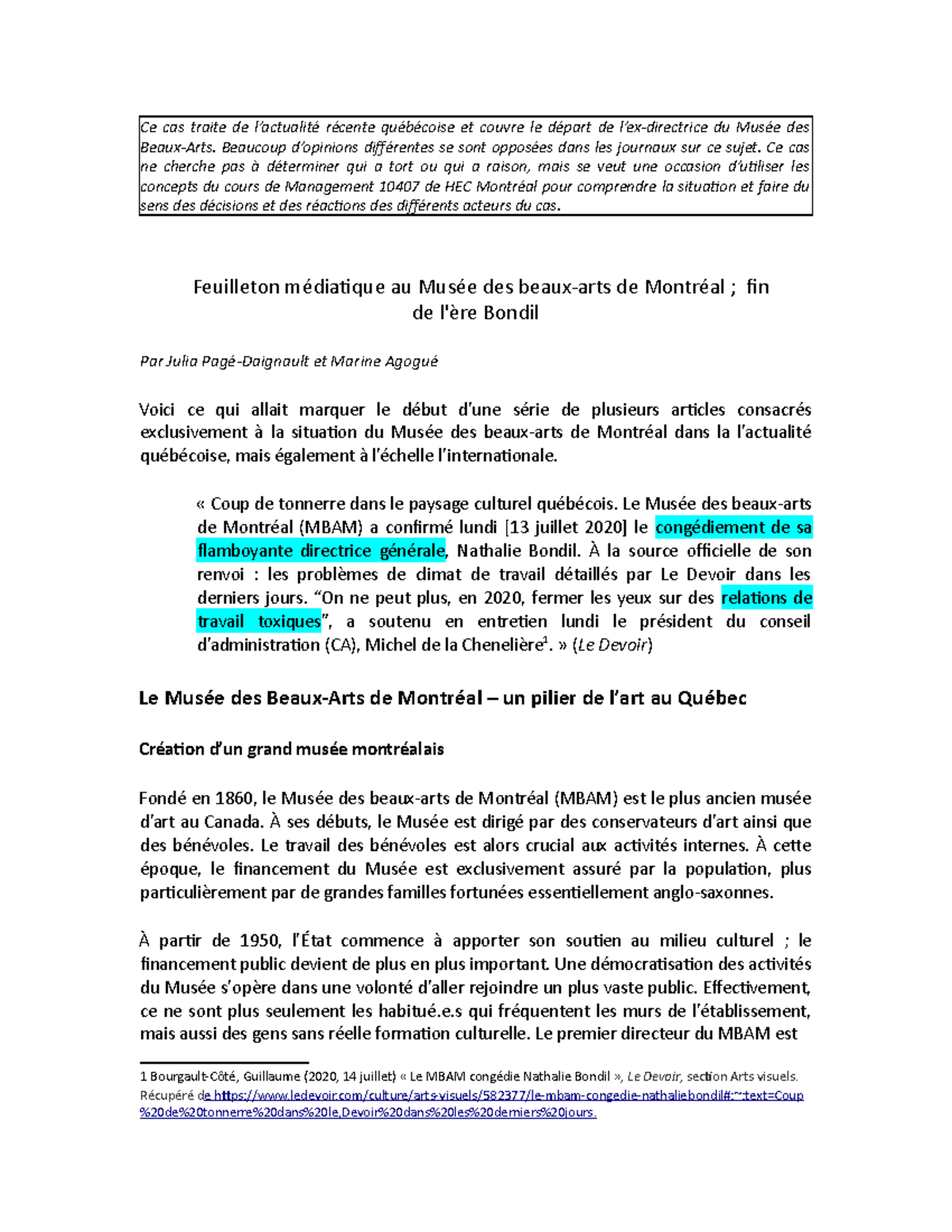 Cas Final - Management 10407: Analyse du Congédiement de Nathalie ...