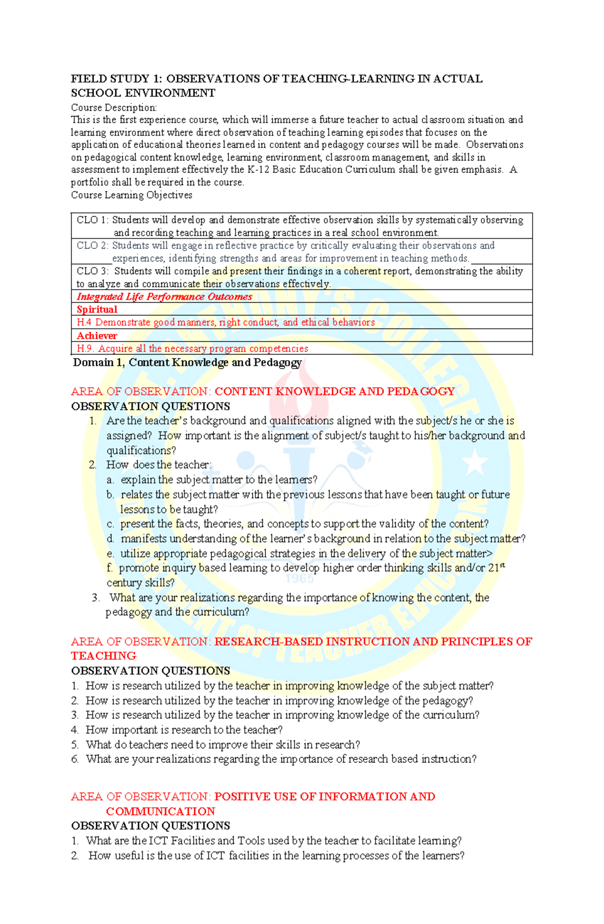Field Study 1: Teaching-Learning Observations Guide for Future Teachers ...