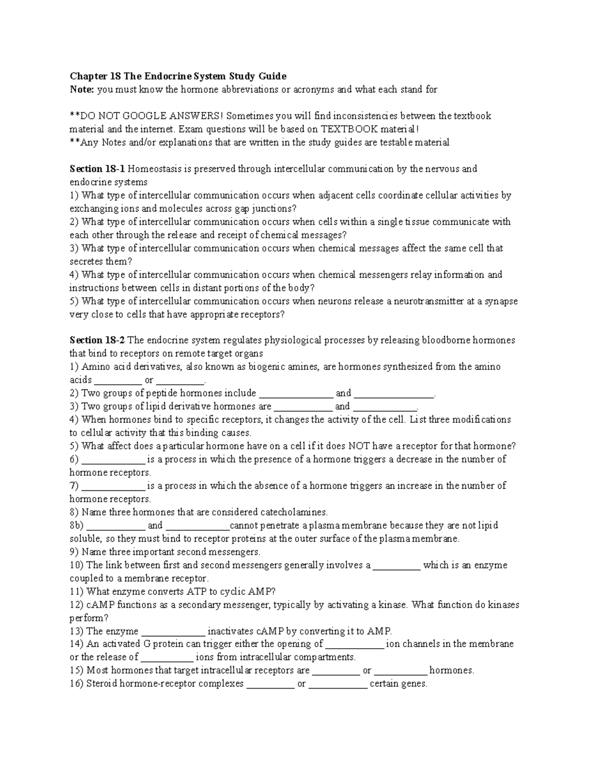 Chapter 18 The Endocrine System Study Guide Fall 2022 - Chapter 18 The ...