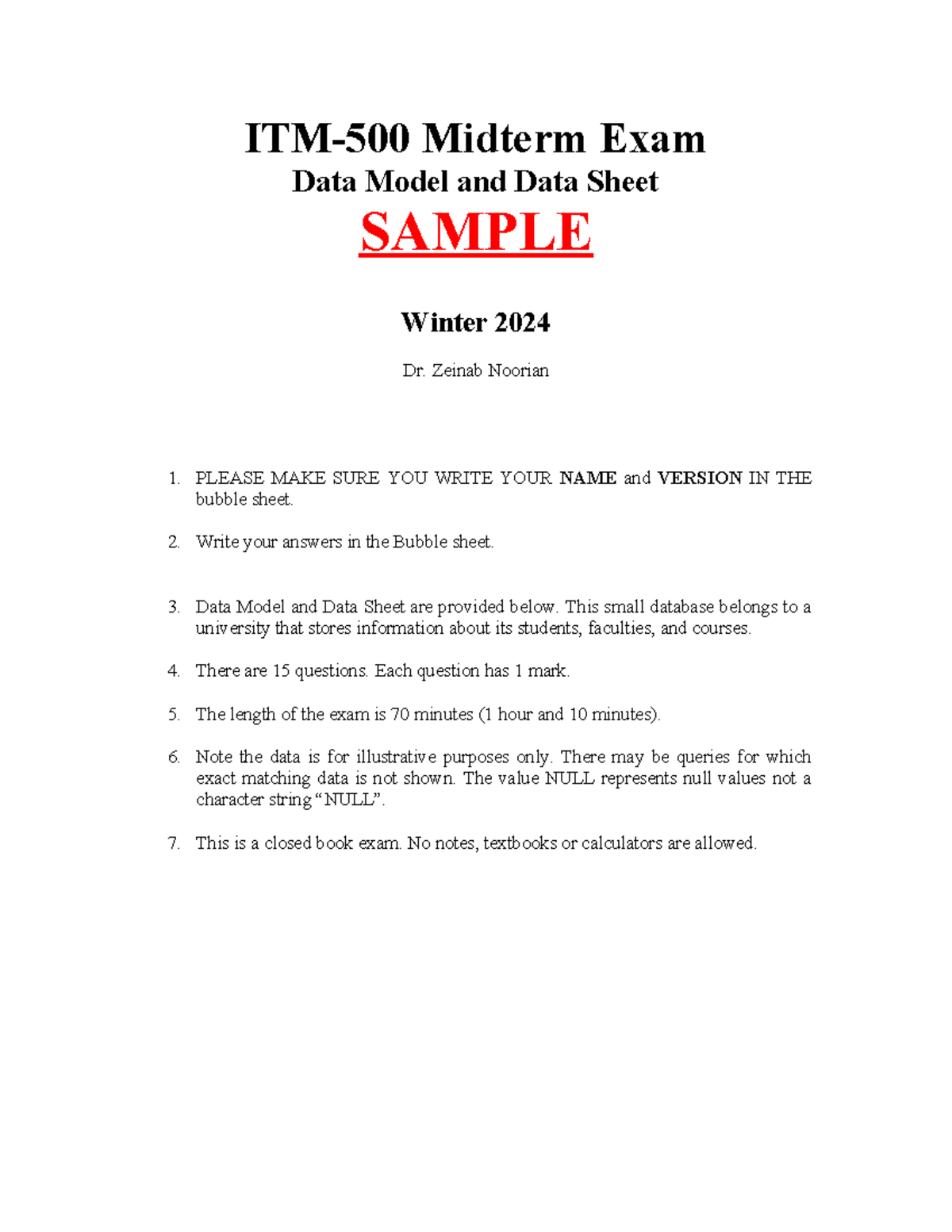 Sample Midterm Exam Instructions & Data Model ITM-500 Winter 2024 - Studocu