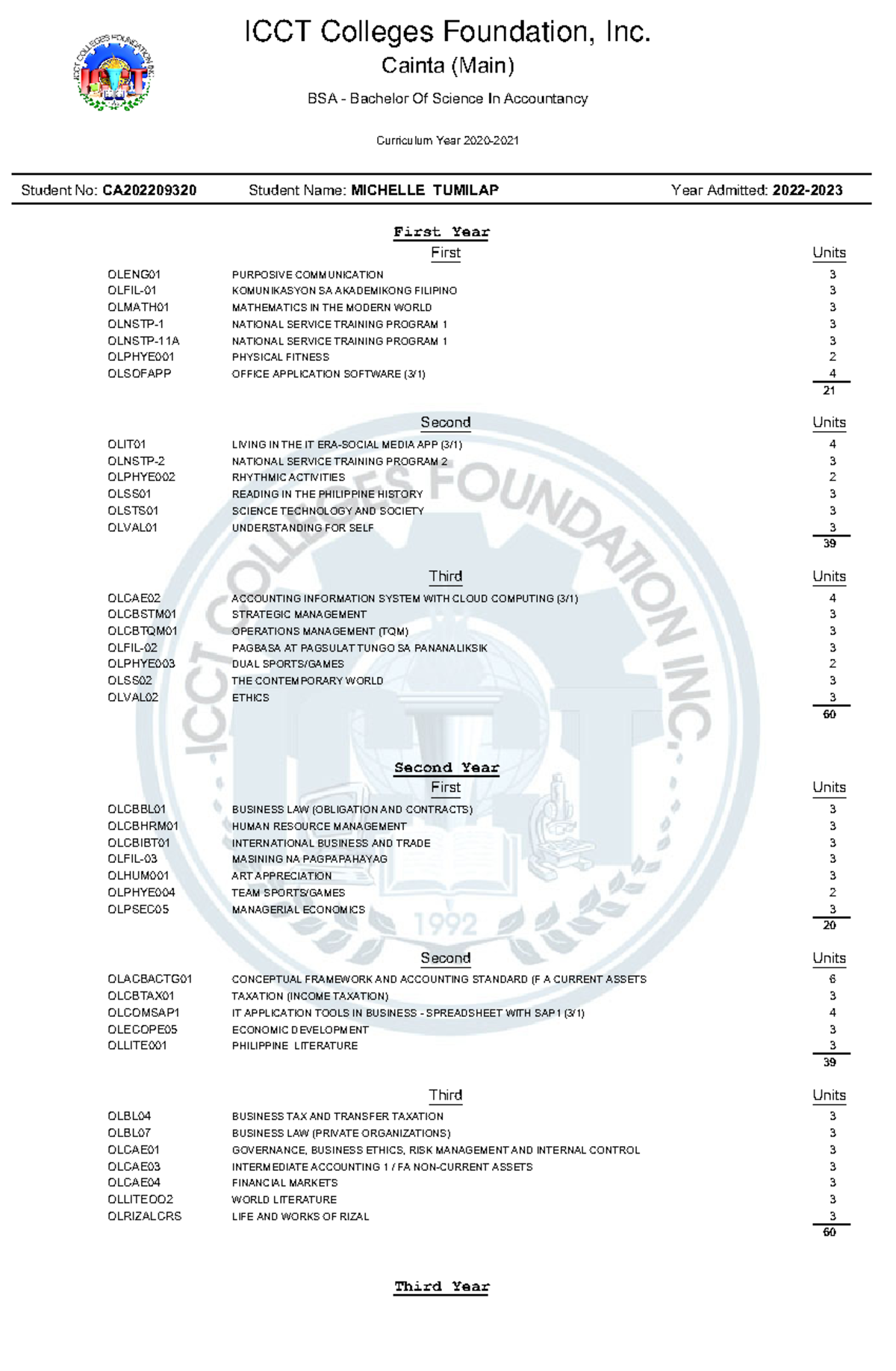 Student Evaluation 1: BSA Curriculum Overview and Courses List - Studocu
