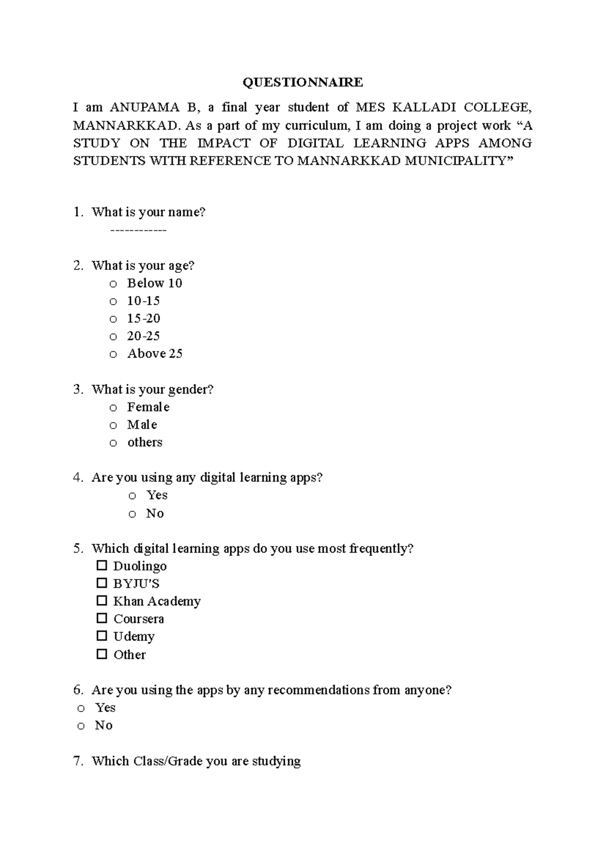 Questionnaire on Digital Learning Apps Impact - MES KALLADI College ...