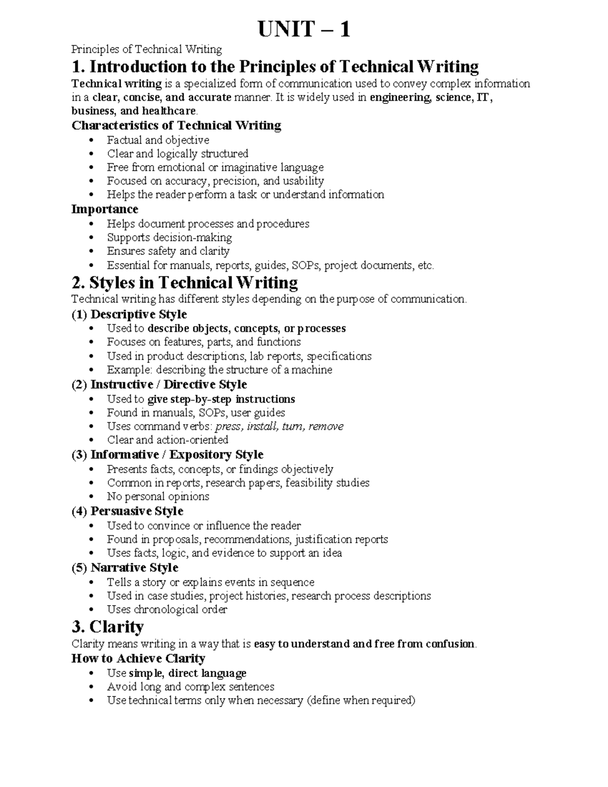UNIT 1: Principles of Technical Writing - Class Notes - Studocu