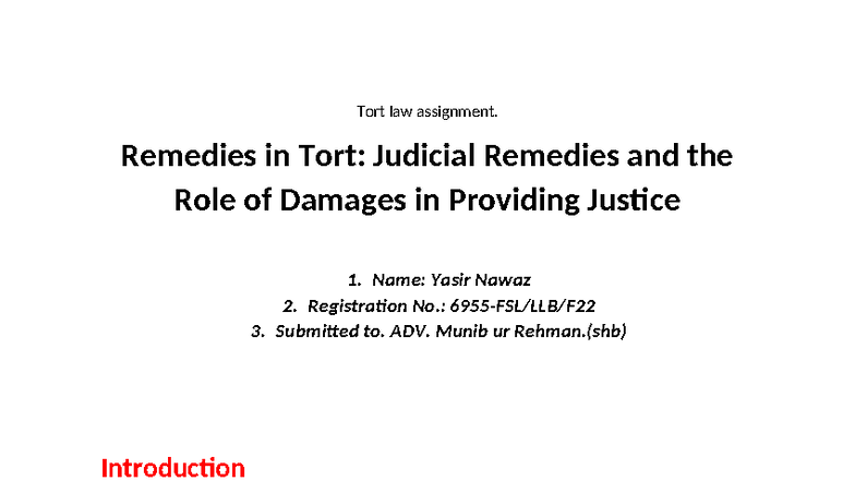 Tort Law Assignment: Analyzing Judicial Remedies and Damages - Studocu