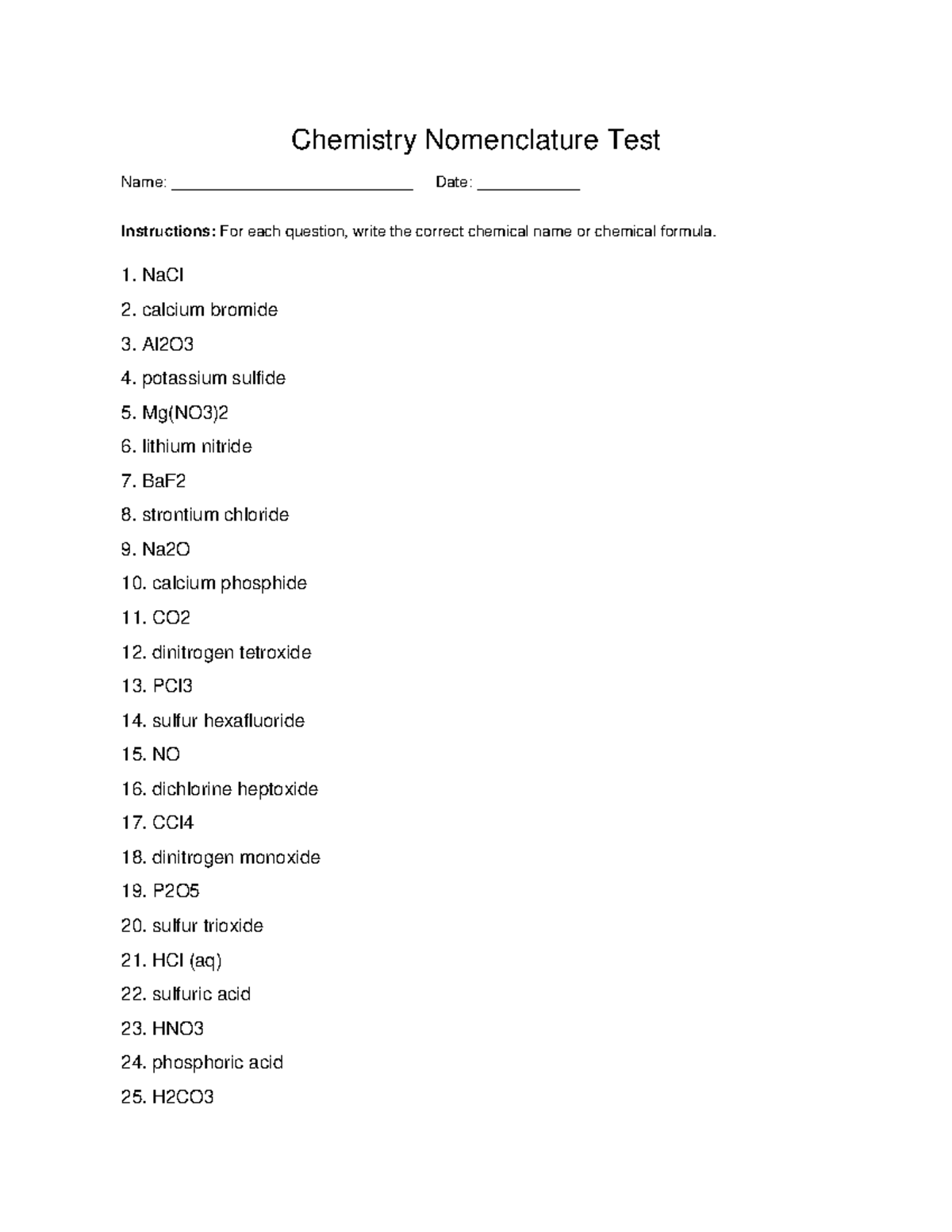 Chemistry Nomenclature Test (50 Questions) - Studocu