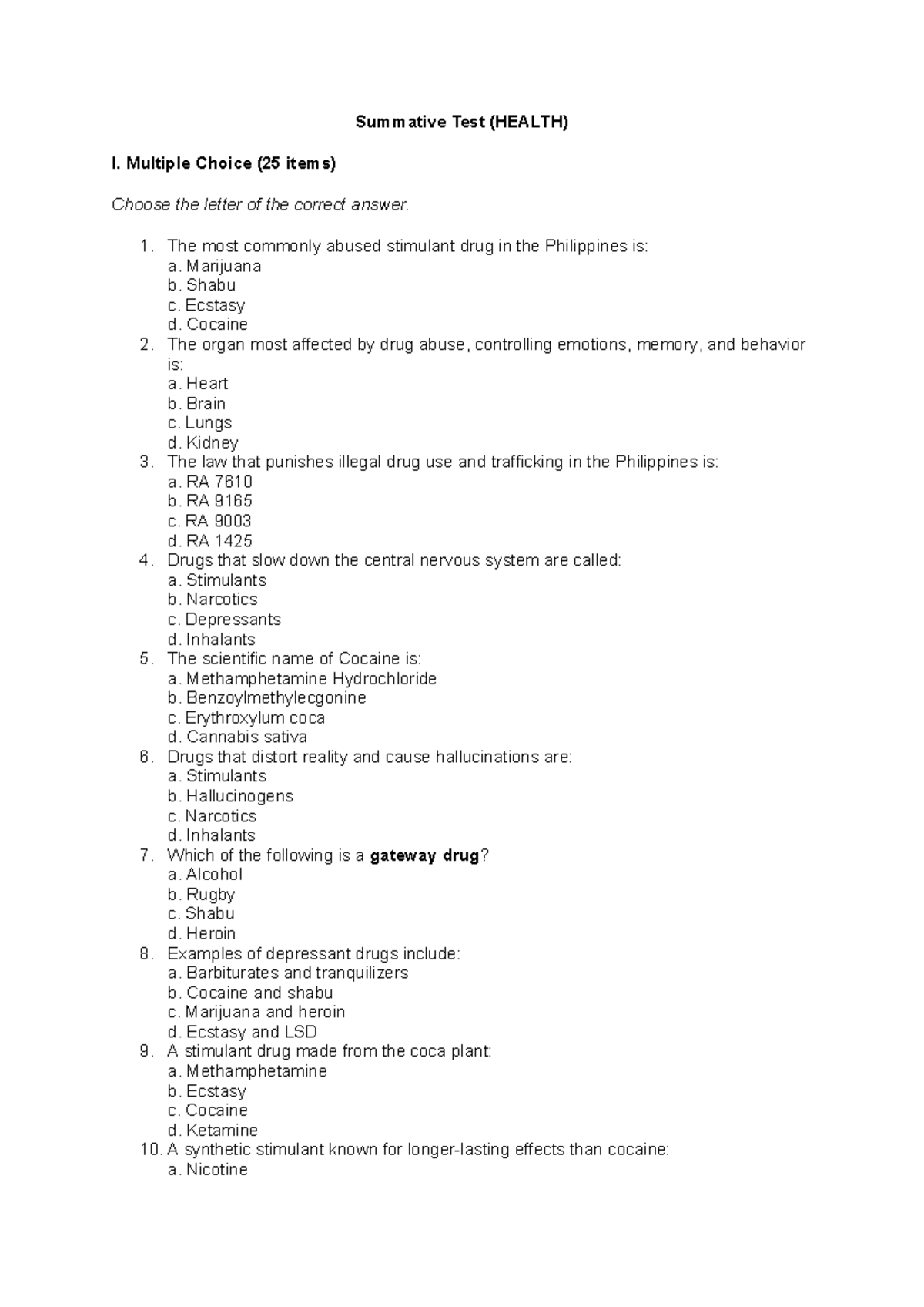 Summative Test (HEALTH) I: Multiple Choice & Identification - Studocu
